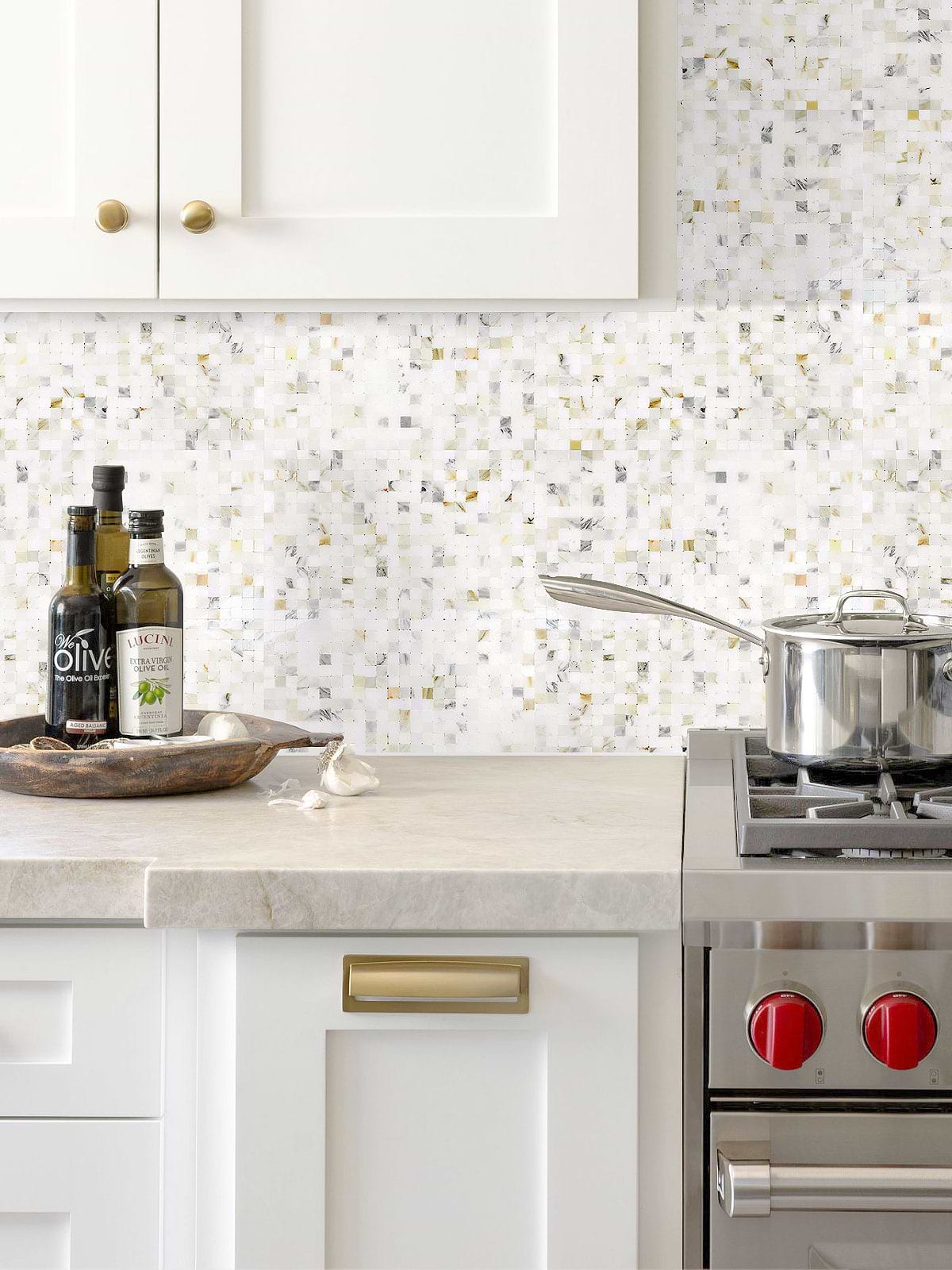 Small Cubes Calacatta Gold Marble Mosaic Tile Backsplash