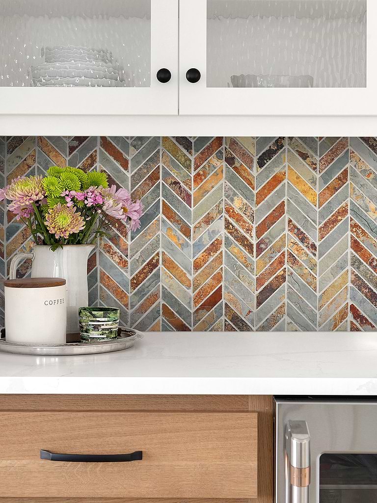 Chevron Rusty Brown Gray Slate Mosaic Backsplash Tile