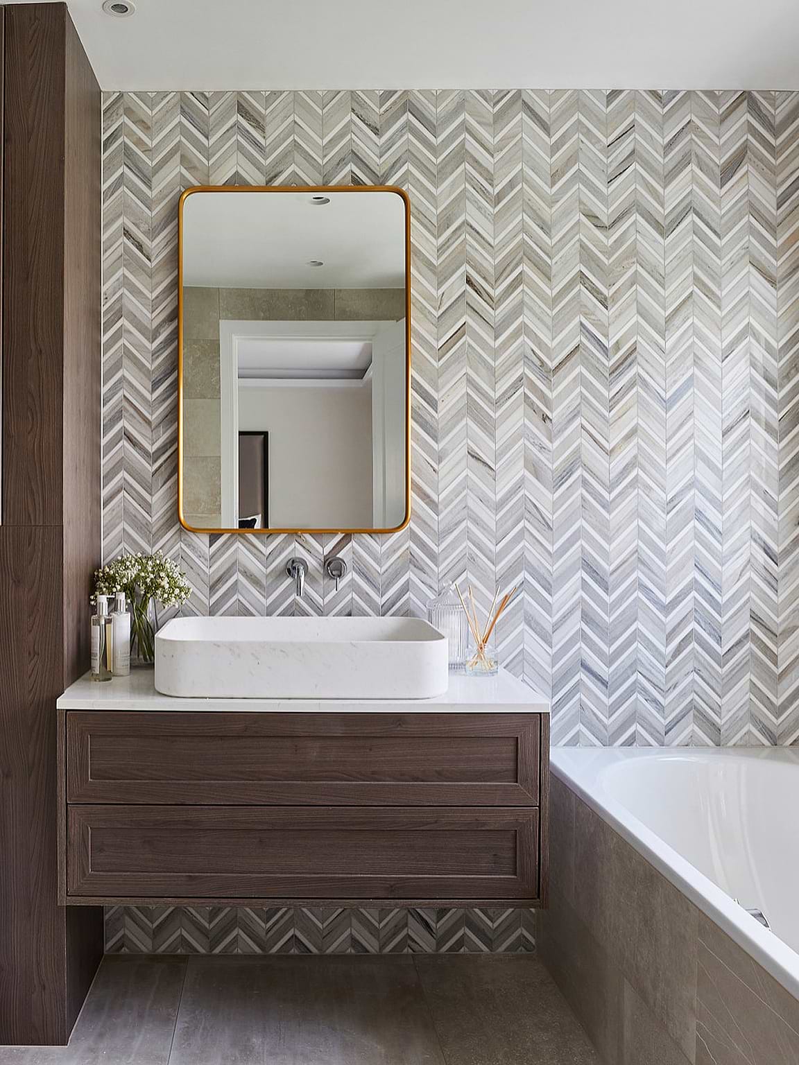 Modern Chevron White Gray Brown Marble Mosaic Backsplash Tile