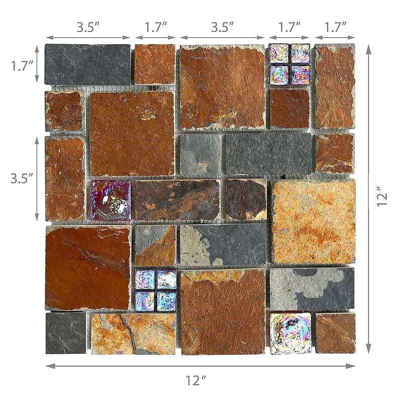 Rusty Brown & Gray Slate Stone mixed with Burgundy Glass Tiles