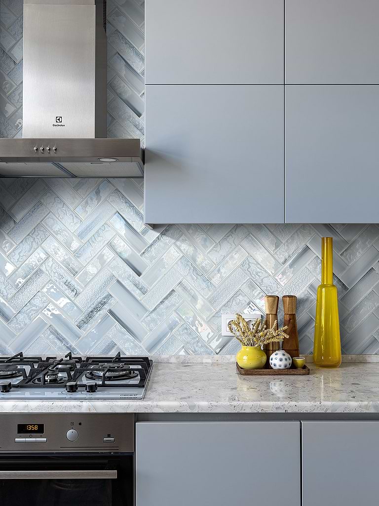 Blue Glass Large Herringbone Mosaic Backsplash Tile