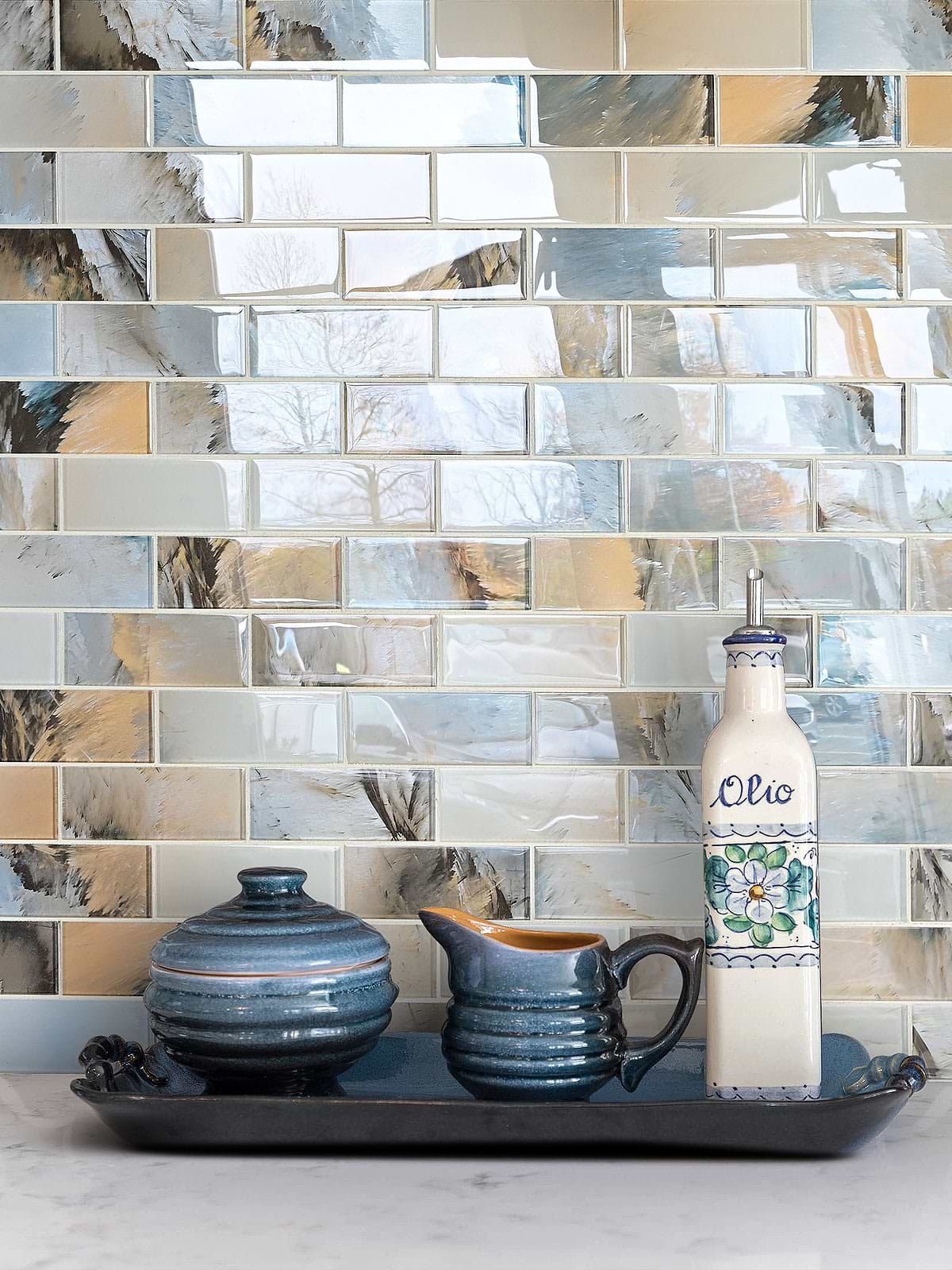 Blue Gray Metallic Look Glass Subway Backsplash Tile