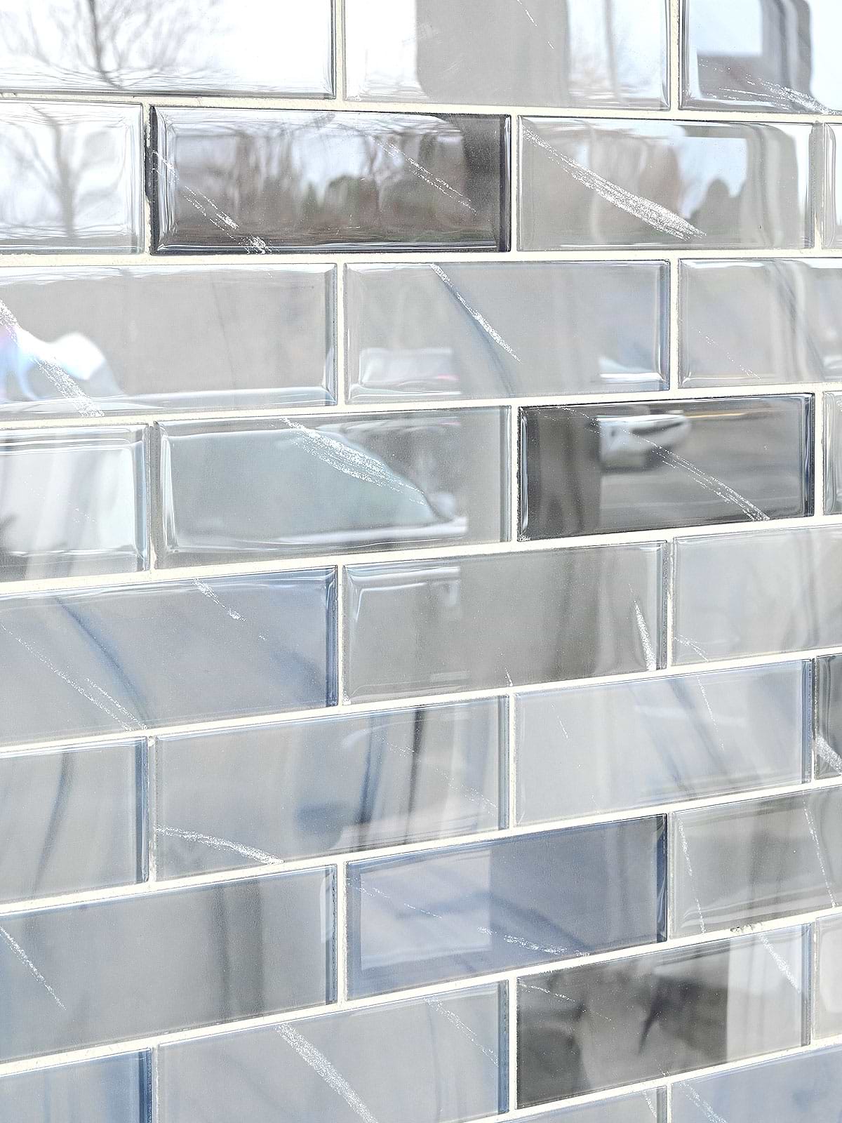 Blue Gray Glass Subway Tile – Coastal Backsplash with Sparkle
