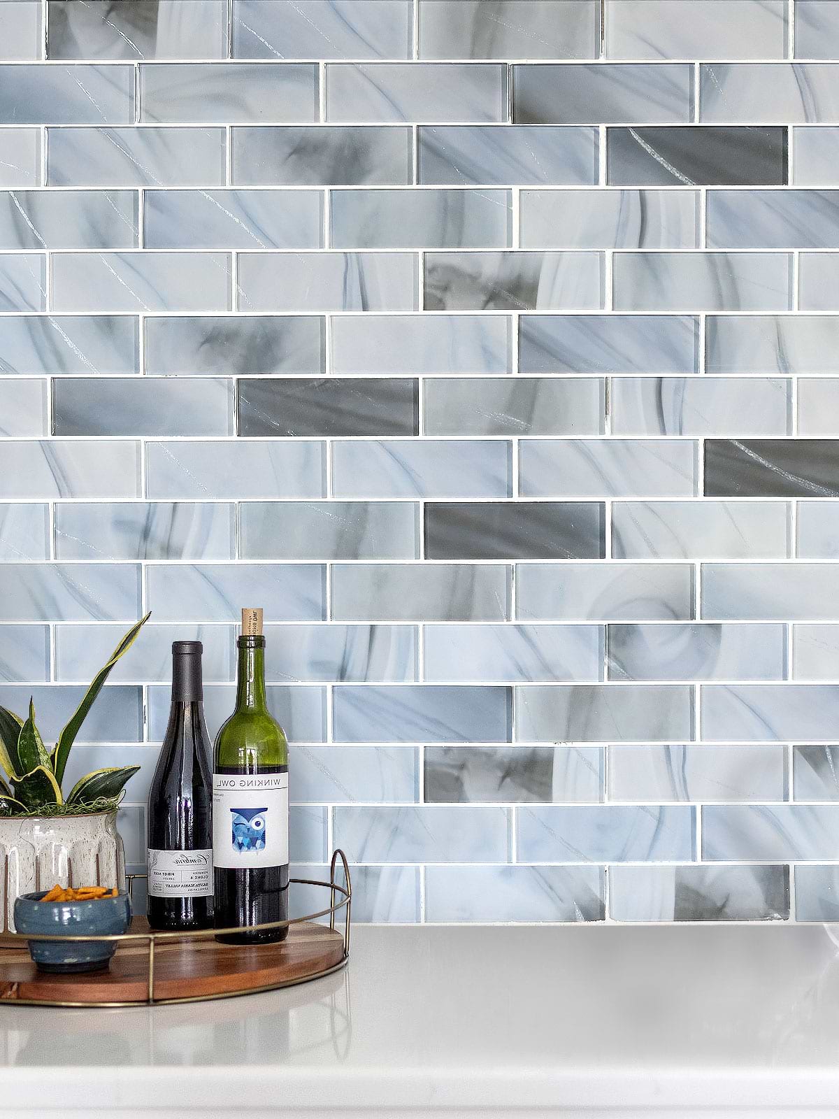 Blue Gray Glass Subway Tile – Coastal Backsplash with Sparkle