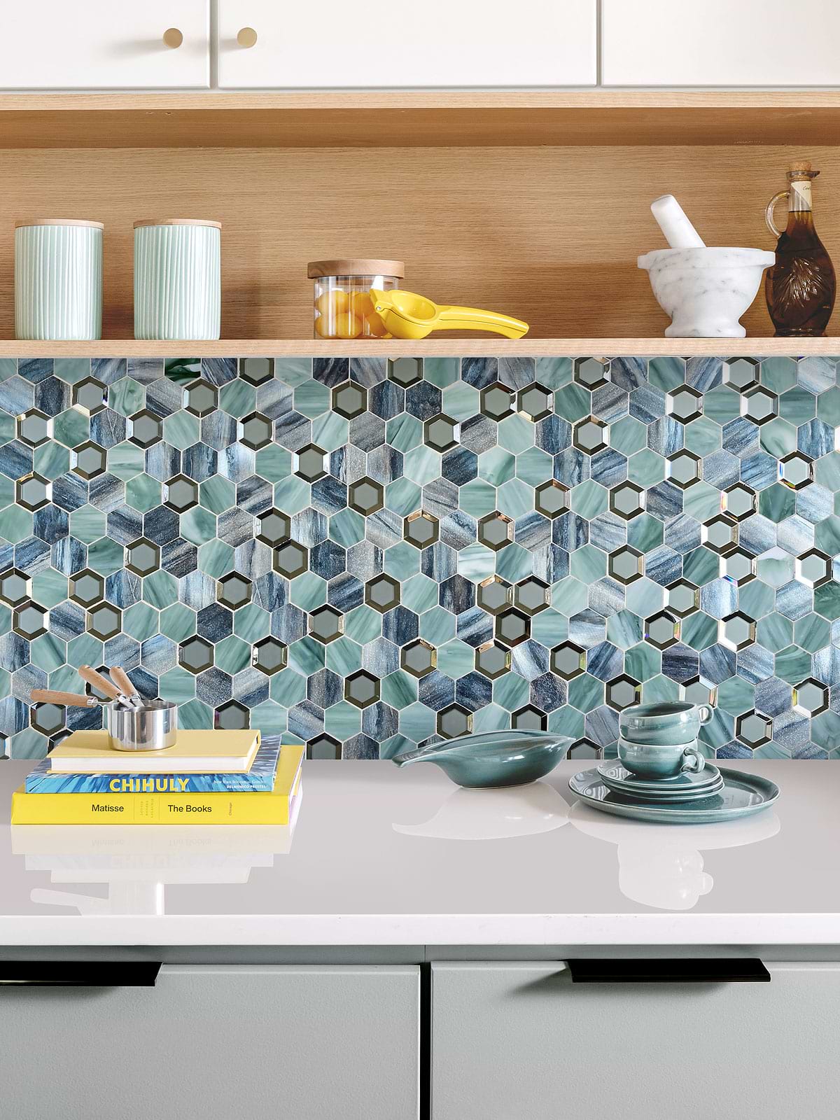 Green Glass Metal Hexagon Backsplash Tile Backsplash.com