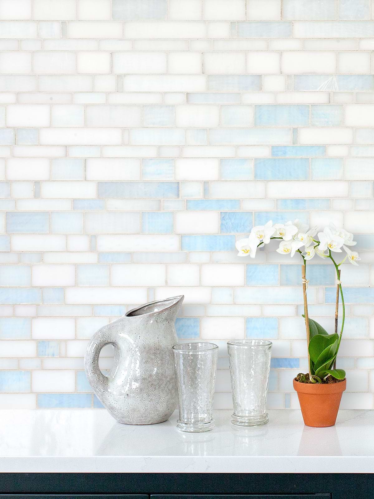 White & Iridescent Blue Glass Tile – Coastal Mosaic Look - BA7016