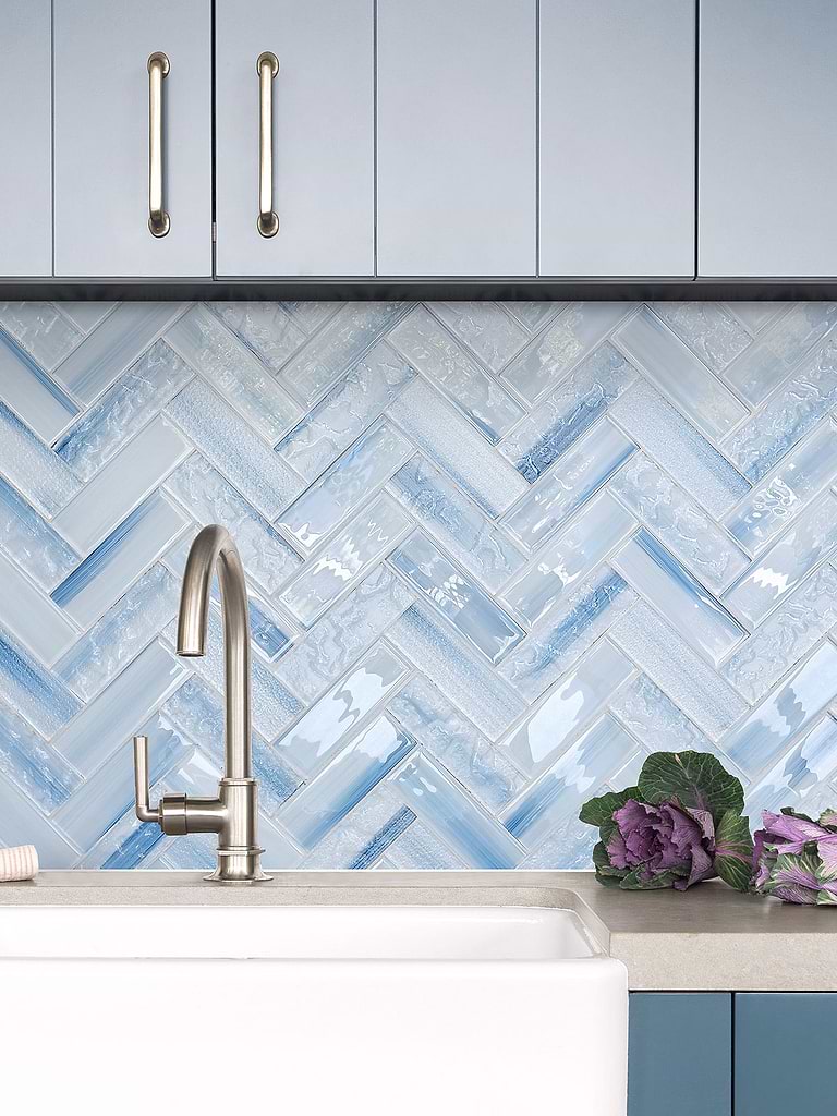 Ocean Blue Textured Glass Herringbone Tile Hand Painted - BA5507