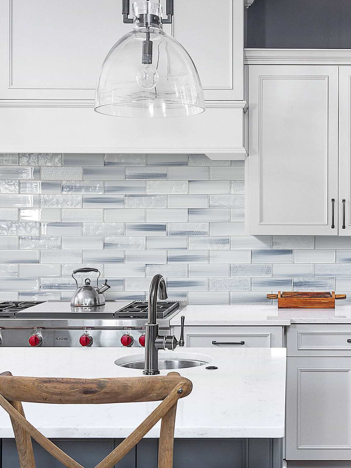 Blue Gray Textured Glass Subway Tile Hand Painted - BA5507