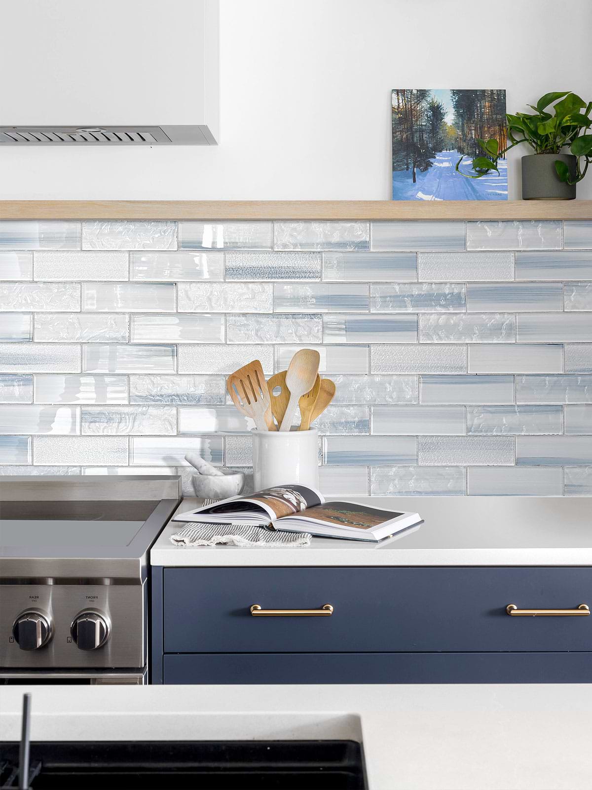 Blue Textured Glass Subway Tile Hand Painted - BA5507