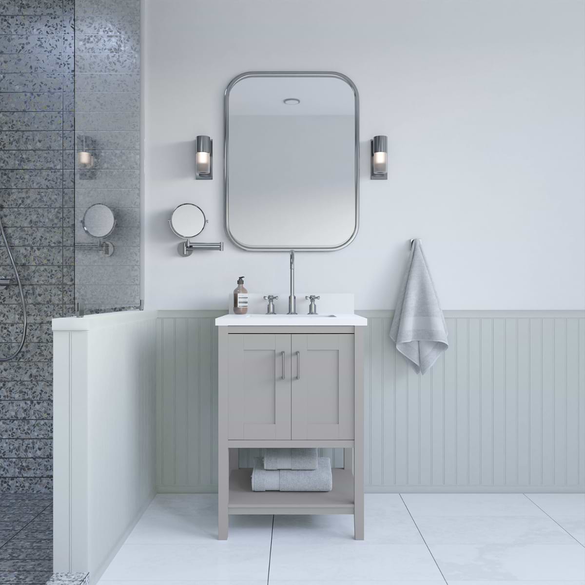 KIT - Sheraton 24" Gray Vanity with Pure White Quartz Top and Ceramic ...