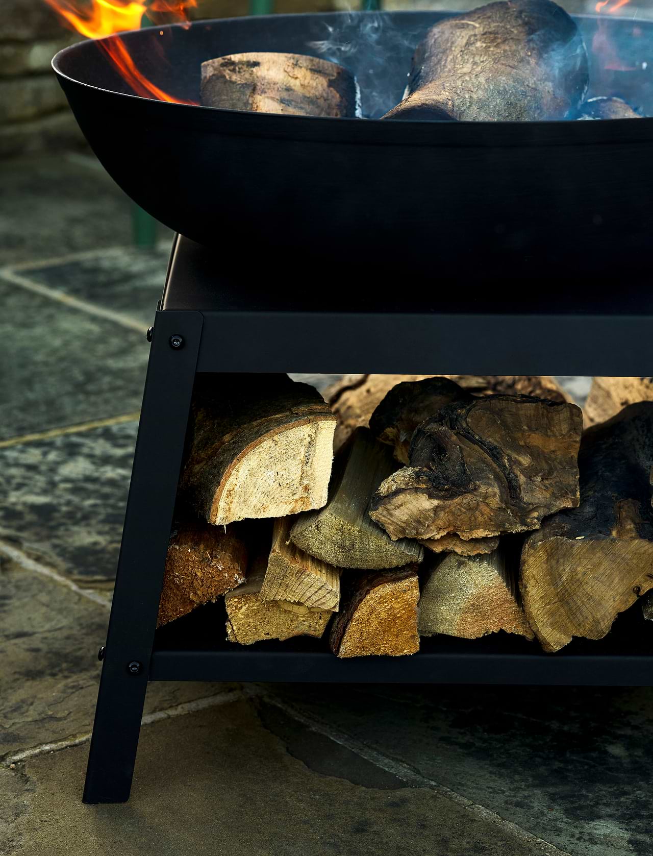 Sarsden Fire Pit Bowl & Log Store - Steel, Black